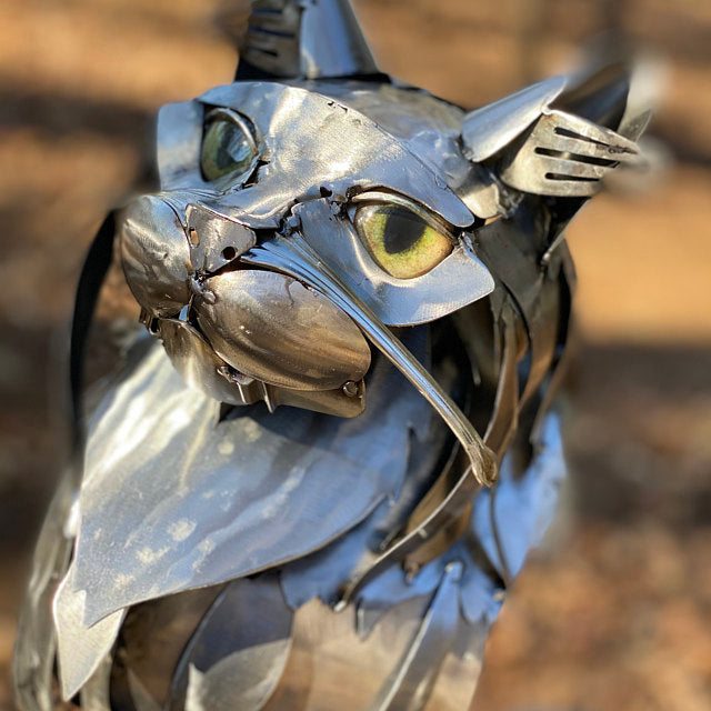 Metal Cat Sculpture with Realistic Glass Eyes – Handmade Glass Eyes